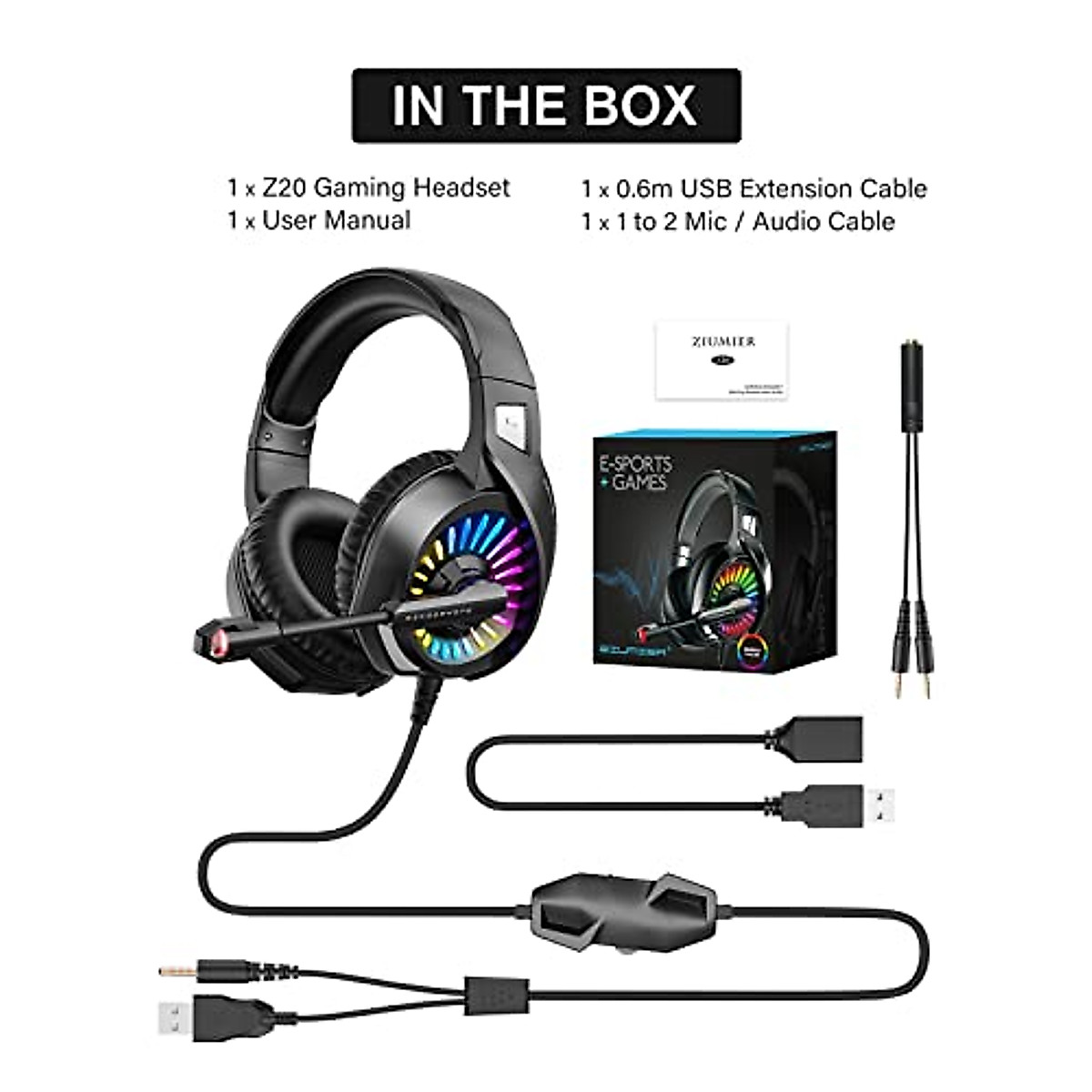 ZIUMIER Gaming Headset with Microphone, Compatible with PS4 PS5 Xbox One PC Laptop, Over-Ear Headphones with LED RGB Light, Noise Canceling Mic, 7.1 Stereo Surround Sound