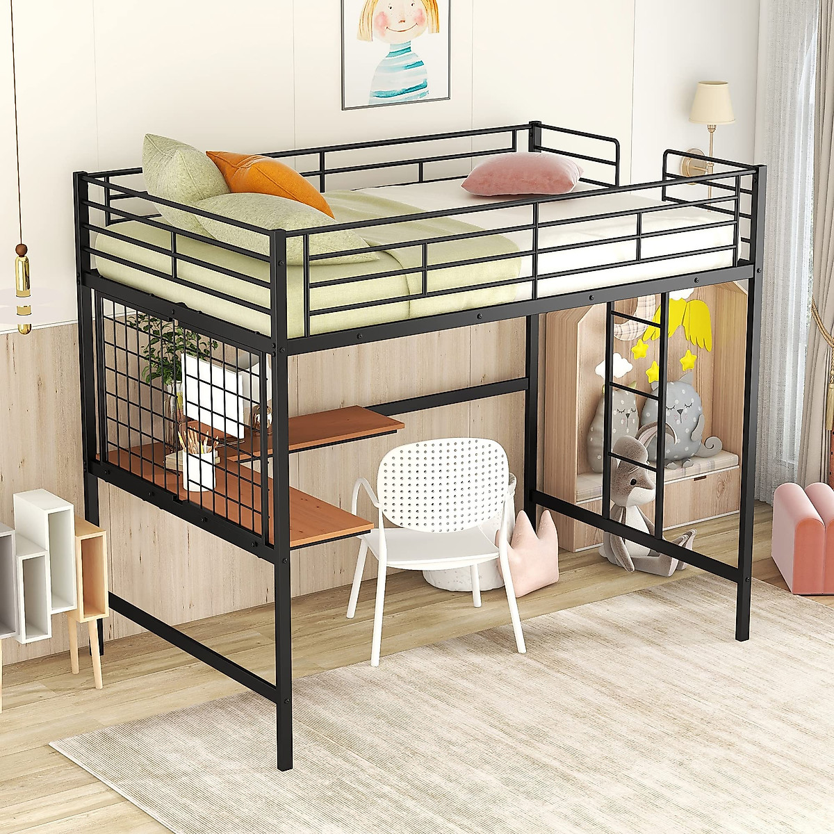 Black Full Loft Bed with Desk & Metal Grid, Metal Loft Bed Full Size with Safety Guardrails and Ladders, High Loft Bed Frame for Teens, Adults, No Box Spring Needed