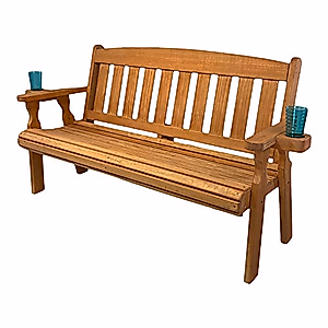 Amish Heavy Duty 800 Lb Mission Pressure Treated Garden Bench with Cupholders (5 Foot, Cedar Stain)