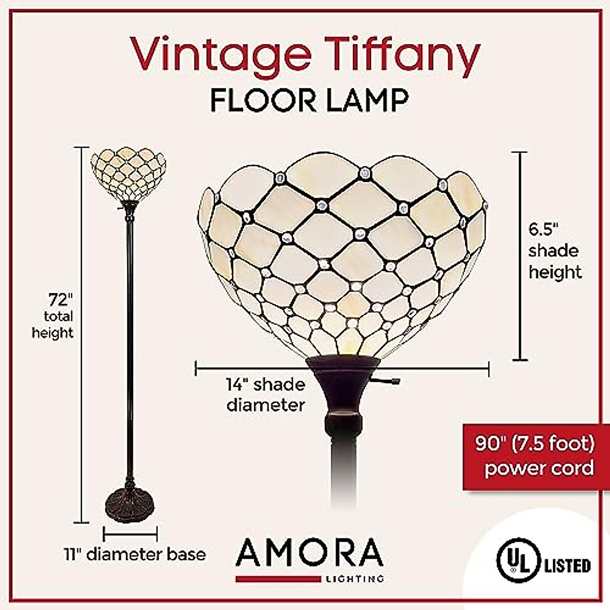 Amora Upright Tiffany Floor Lamp - 72” Pearl Stained Glass Floor Lamp