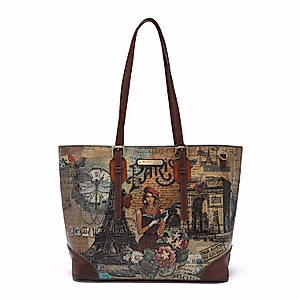 Nicole Lee Paris Fashion Week Large Shopper, Brown Tote Bag with Butterfly, Flower, Diamond Rhinestone Embellishments