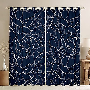 Erosebridal Silver Metallic Marble Blackout Curtains 104"X84" Navy Blue Silver Glitter Curtains,Abstract Marble Texture Design Curtains & Drapes Marble Home Decor