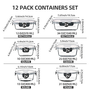 UMI UMIZILI Glass Food Storage Containers with Lids, 12 Pack Leakproof Glass Meal Prep Containers Airtight Stackable Glass Containers for Leftover, Fruit, Vetageables, Dishwasher Safe