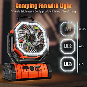 20000mAh Camping Fan with LED Lantern, Rechargeble Battery Operated Fan with 270° Head Rotation & Hook, Battery Operated Tents Fan with Remote for Picnic, Barbecue, Fishing, Travel, Home Outages