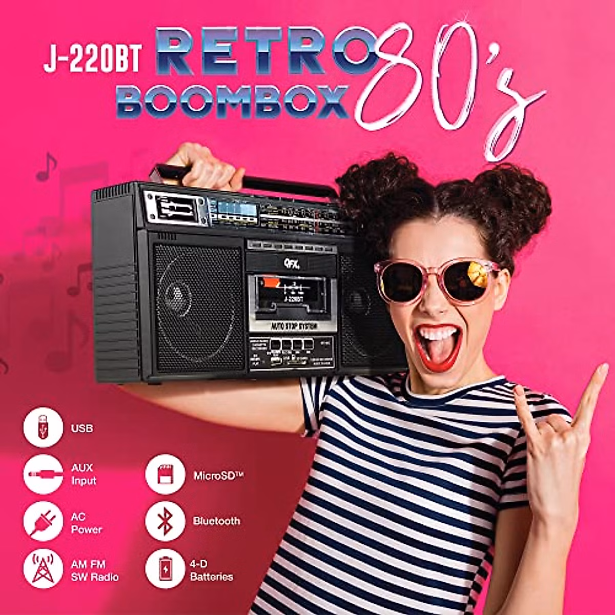 QFX J-220BT Boombox MP3 Conversion from Radio to Cassette with 4-Band (AM, FM, SW1, SW2) Radio with Bluetooth, Dual 3” Speakers, Built-in Microphone, Recorder, and a 3-Band Equalizer