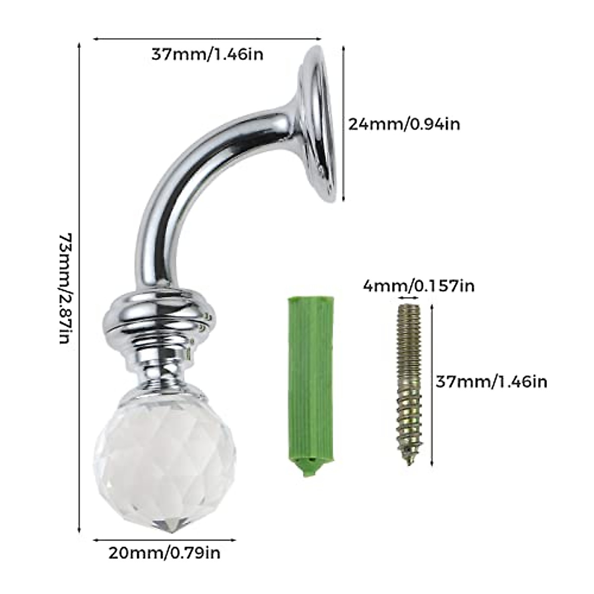 Mgoodoo 5pcs Crystal Hooks, 2.87x1.46inch Round Crystal Wall Coat Hat Hanger Holder Wall Mounted Curtain Holdbacks Tassel Towel Hanger(Sliver)