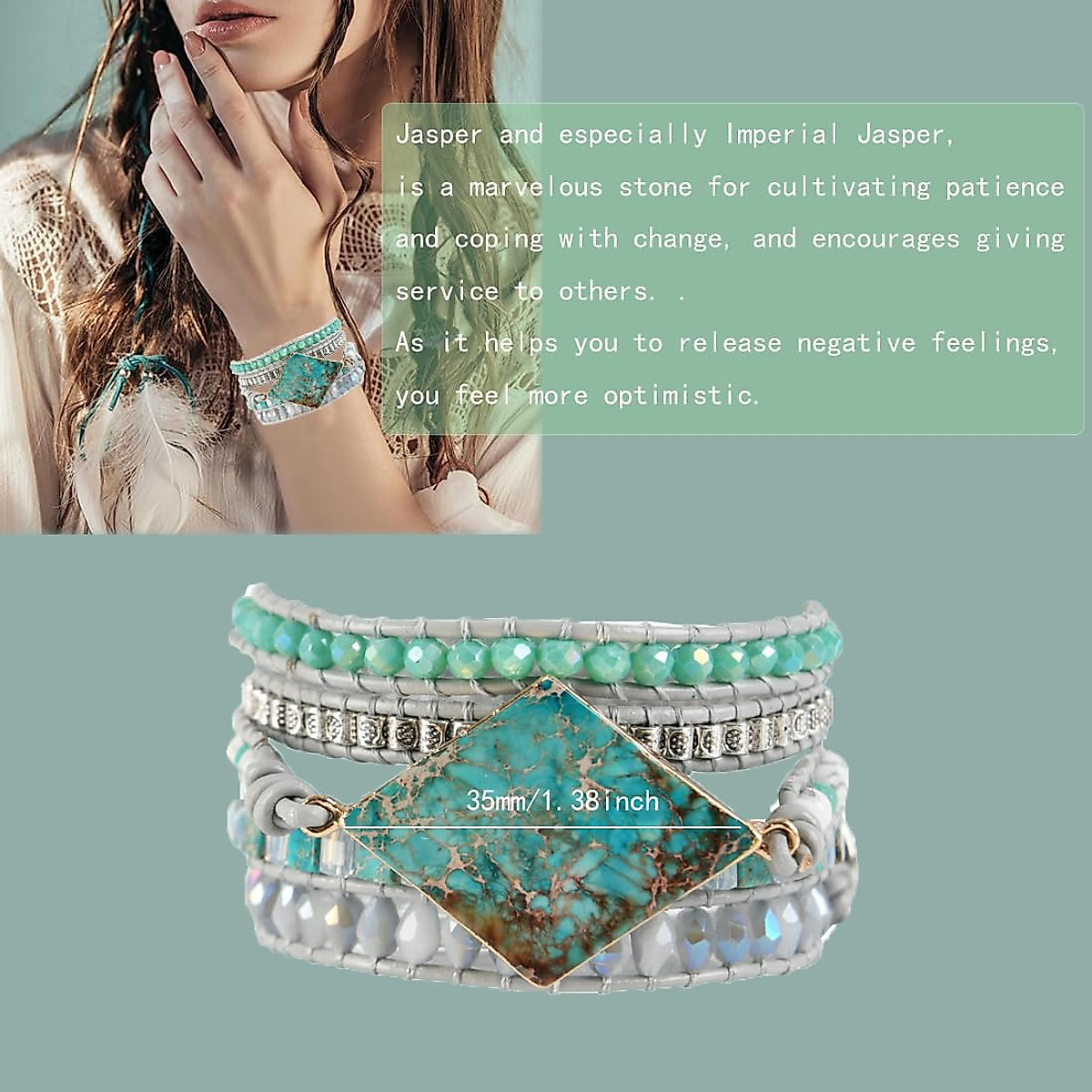 YGLINE Wrap Bracelets Crystal Beaded Bohemian Style Jasper Leather Woven Healing Stone Jewelry(Blue)