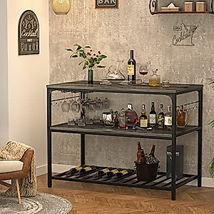 Homieasy Kitchen Island with Wine Glass Holder, Industrial Wood and Metal Coffee Bar Wine Rack Table, 3 Tier Spacious Kitchen Prep Table Extended Counter with Hooks Easy to Assemble, Black Oak