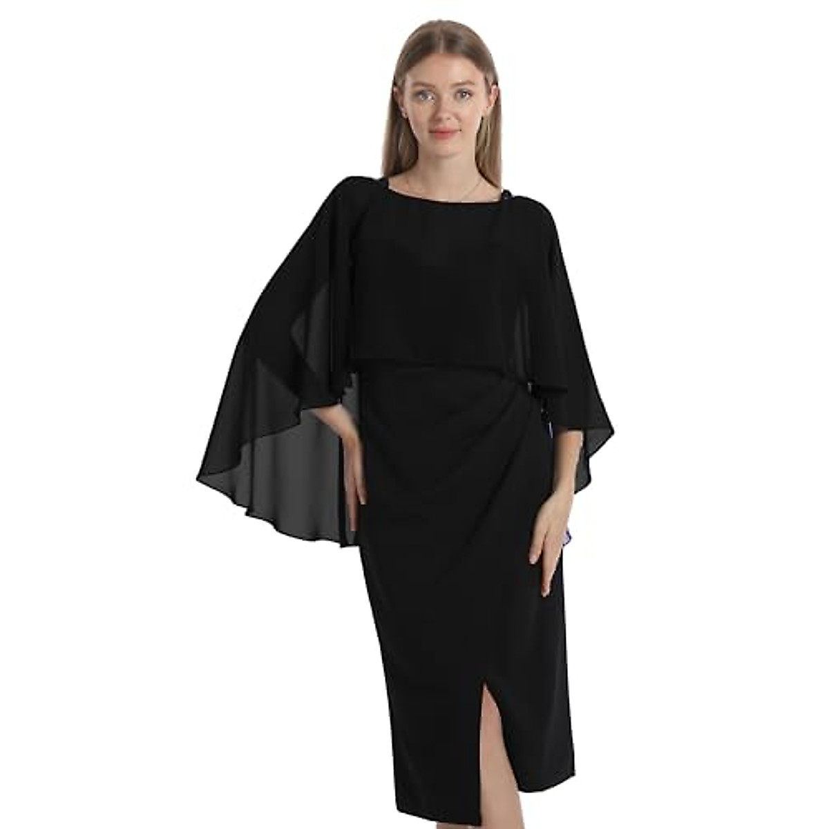 Hotshawl Capelets for women Chiffon Cape Shawls and Wraps for Evening Dress Wedding Capes Cover Up (Black)
