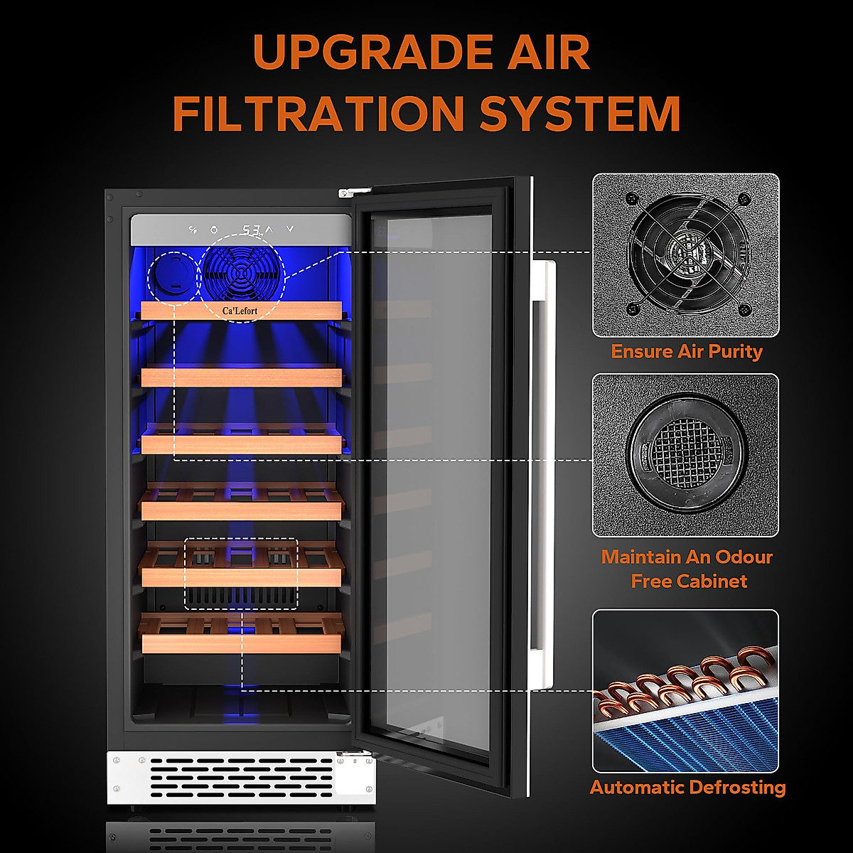 Ca'Lefort Wine Fridge, 15 Inch Wine Cooler Refrigerator with Seamless Stainless Grey Tempered Glass Door, Quiet Compressor Adjust Temp 40-65°F, Under Counter Wine Fridge 3.0 cu.ft - 33 Bottles