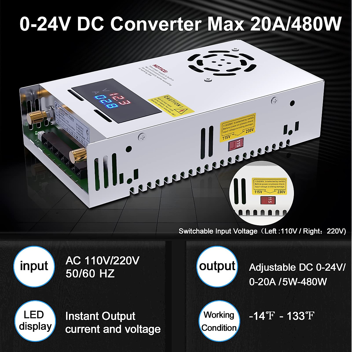 IMAYCC Adjustable Power Supply with LED Display - 110V AC to 24V DC Converter 480W 20A