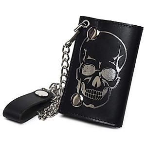 Leatherboss Genuine Leather Trifold Skull Biker Chain Wallet Credit Card Cash with ID Holder, Black