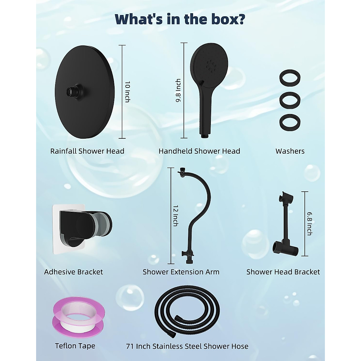 Hibbent Self-cleaning Shower Head, 10'' High Pressure Rainfall Shower Head, Showerhead Combo/Handheld Shower Head, 12'' Adjustable Curved Shower Extension Arm, 71'' Hose, 2 Shower Holders, Matte Black