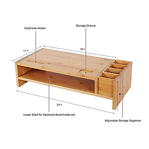 NXN-HOME 2-Tier Bamboo Monitor Stand | Wood Desk Organizers and Accessories | Laptop Computer Monitor Riser with Adjustable Storage Accessories