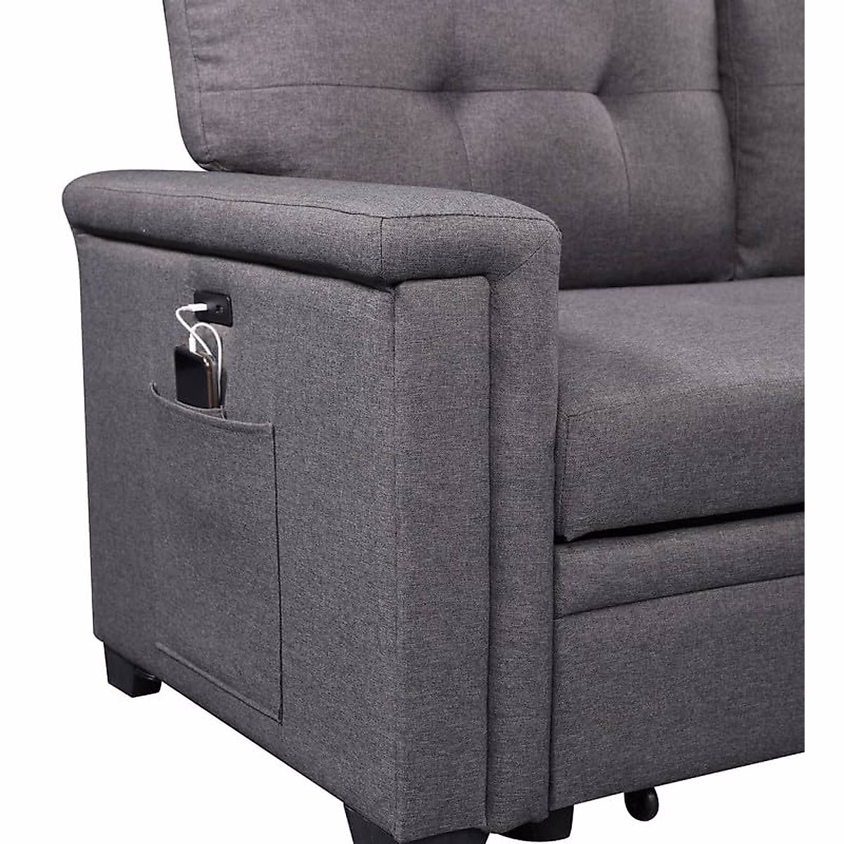 OMGO L-Shape Convertible Sleeper Sectional Sofa with Storage Chaise and Pull-Out Bed, Linen Upholstered Reversible Corner Couch w/USB Charger Ports and Pocket, 84, Dark Gray