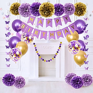 Ouddy Party Purple Birthday Decorations for Women Girls Butterfly Hanging Garland Happy Birthday and Circle Dots Banner Purple Gold Balloons Paper Flowers Cake Toppers for Birthday Party Supplies