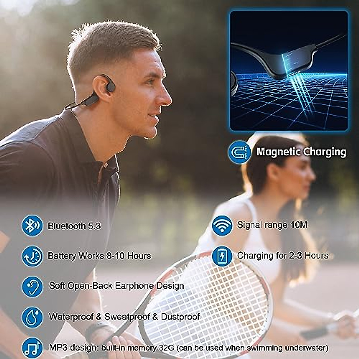 sunvito Bone Conduction Headphones, Open Ear Headphones with IP68 Waterproof Swimming Headphones, Wireless Bluetooth 5.3-Built-in 32G Memory with Mic for Outdoor Exercise, Running, Travel, Cycling