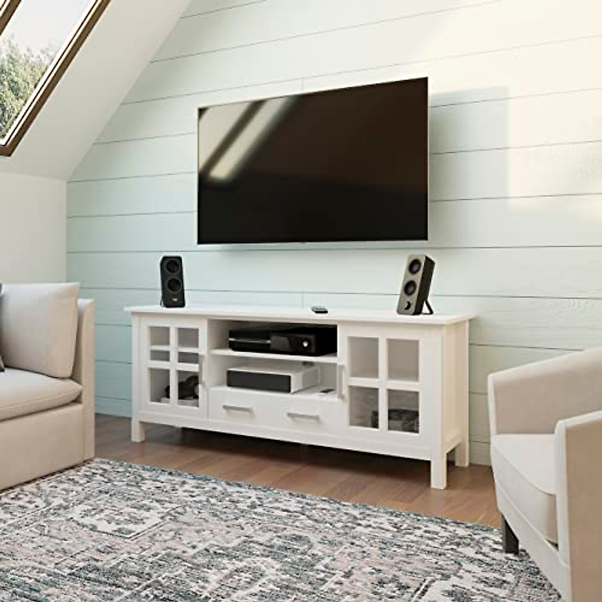 SIMPLIHOME Kitchener SOLID WOOD 60 Inch Wide Contemporary TV Media Stand in White for TVs up to 65 Inches, For the Living Room and Entertainment Center