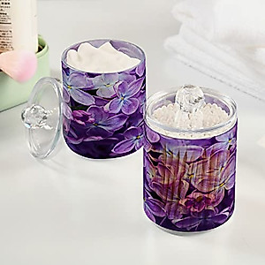 Kigai 2PCS Spring Lilac Purple Floral Qtip Holder Dispenser with Lids - 14 oz Bathroom Storage Organizer Set, Clear Apothecary Jars Food Storage Containers, for Tea, Coffee, Cotton Ball, Floss
