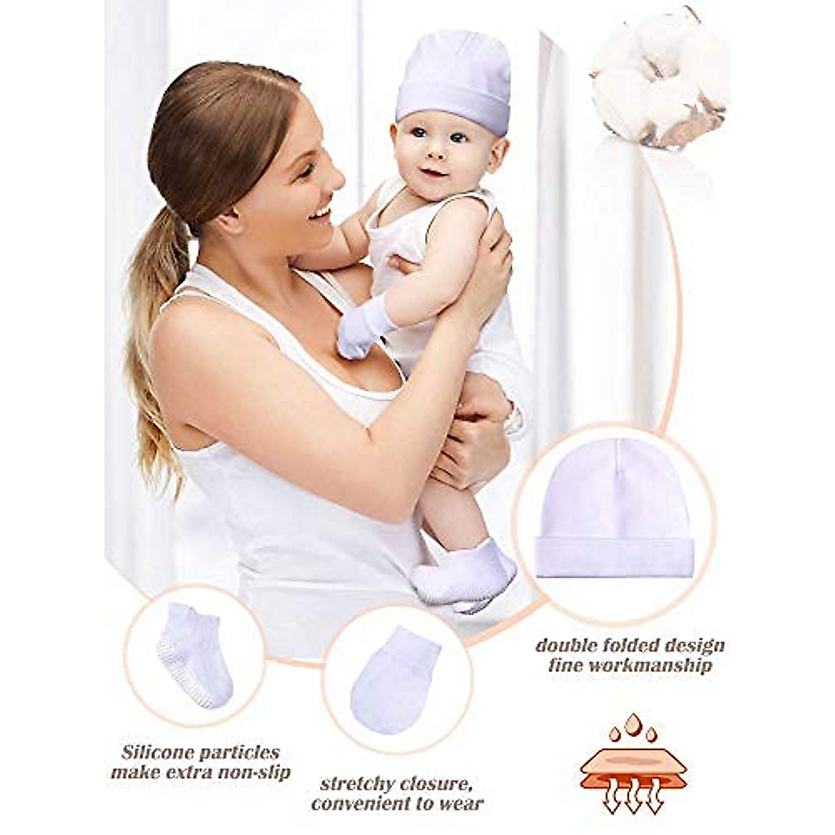 Baby Hats Mittens and Socks Set Unisex Cotton Beanie Cap and Scratch Mitten Non-Slip Baby Ankle Socks for Boys and Girls (White, Black, Grey, Light Blue, Navy Blue, Beige,6 Sets)