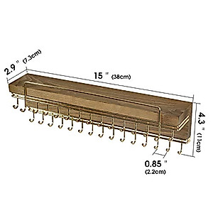 J JACKCUBE DESIGN Rustic Wood Wall Mounted Jewelry Organizer with 30 Gold Metal Hooks Display Shelf Storage for Necklaces, Bracelets, Earrings, Bows and more - MK626A
