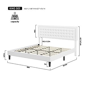 HIFIT King Size Bed Frame, Upholstered Platform Bed with Button Tufted Adjustable Headboard, Modern Faux Leather Upholstered Mattress Foundation, No Box Spring Needed, Easy Assembly, White
