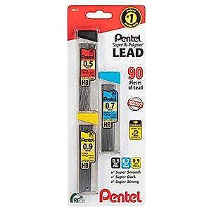 Pentel Super Hi-Polymer Mechanical Pencil Lead Refill - 0.5mm, 0.7mm, 0.9mm - 90 Led refills (30 of Each Size)