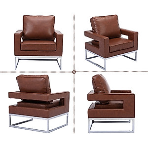 CIMOO Leather Accent Chair with Back for Living Room, Modern Armchair for Bedroom Tufted Single Sofa Chair Upholstered Comfy Reading Chair Extra Wide Arm Chair with Sliver Legs, Brown
