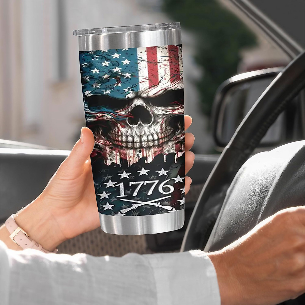 FOCIUZTA 20oz Stainless Steel Tumbler with Lid & Straw, Patriotic Skull Graphic, Vacuum Insulated Travel Mug, Double-Walled Beverage Cup for Coffee, Ice Drinks, Juice, Thermal Cup Gift for Family