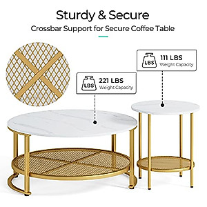 LINSY Home Round Coffee Table Set of 3 for Living Room, Modern Coffee Table with Open Storage, Wood Surface Top & Sturdy Metal Legs Large Circle Coffee Table, White and Gold