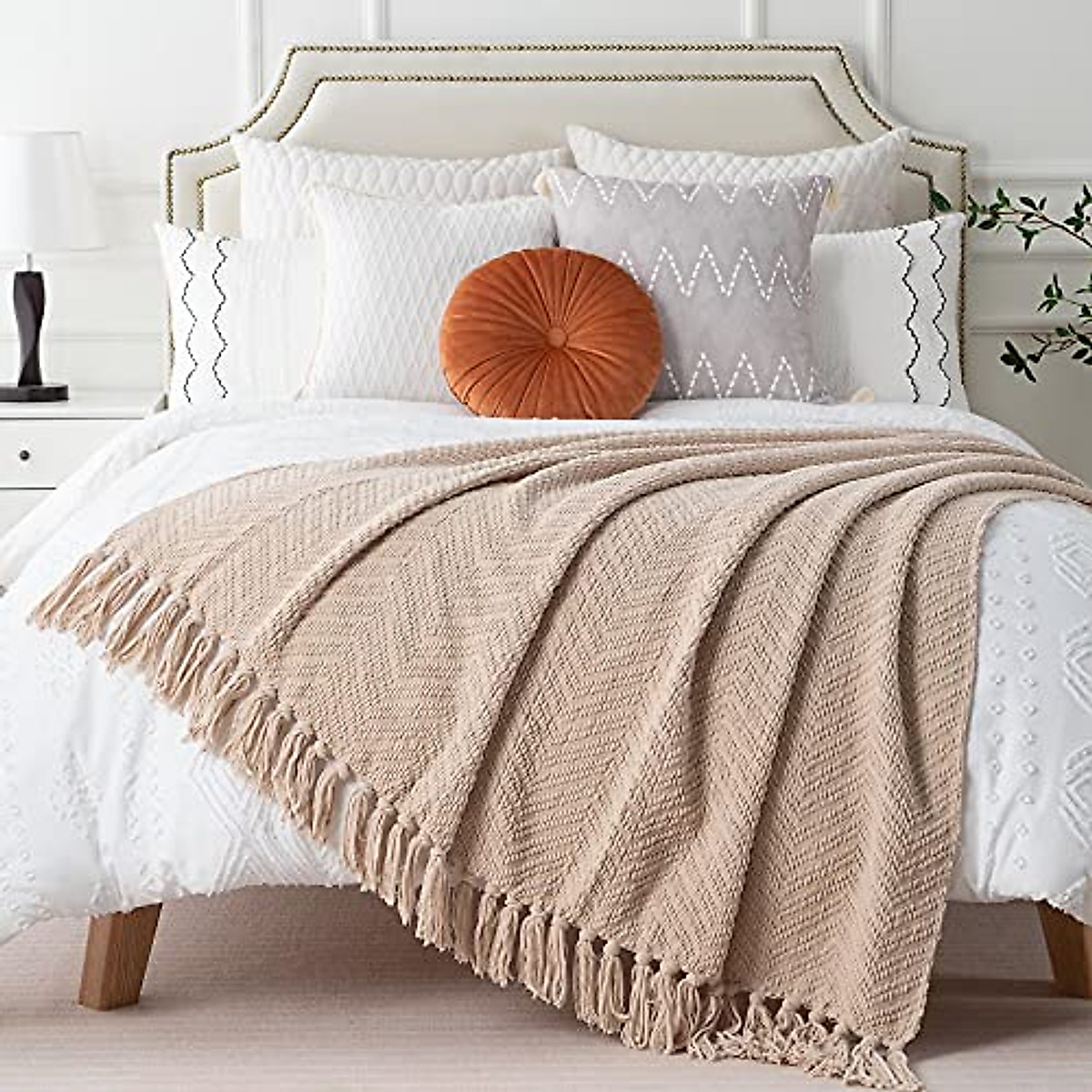 BATTILO HOME Beige Throw Blanket for Couch, Textured Knitted Boho Throw Blanket with Tassels, Couch Cover Blanket Warm Decorative Tan Throw Blanket for Sofa Living Room, 50" x 60"