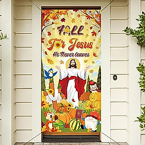 HOWAF Fall for Jesus Decorations Pumpkin Autumn Christian Religion Door Cover, Large Fabric Fall Fall for Jesus Backdrop Door Banner for Autumn Harvest Thanksgiving Holiday Yard Outdoor Decoration