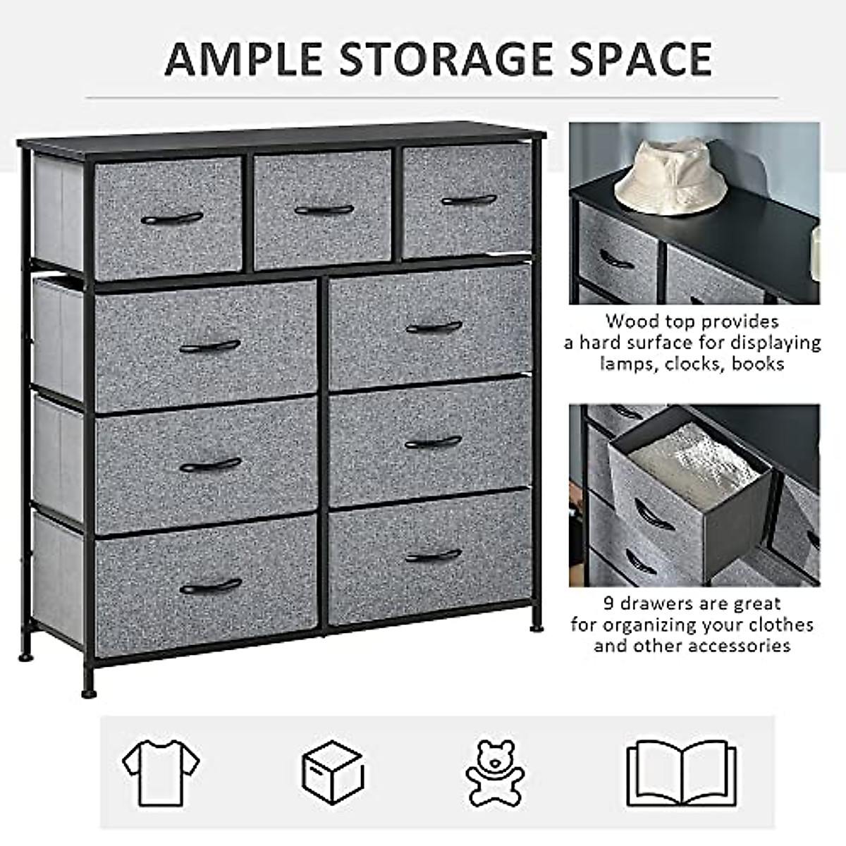 HOMCOM 9 Drawers Storage Chest Dresser Organizer Unit w/Steel Frame, Wood Top, Easy Pull Fabric Bins, for Bedroom, Hallway, Closet, Entryway, Black & Grey