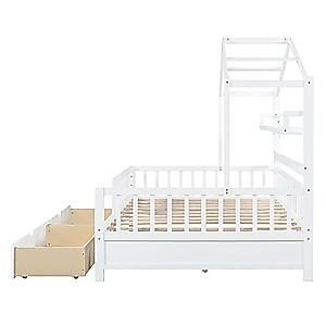 CKLMMC Full Size House Bed with 2 Drawers and 2 Shelves,Wooden Daybed Frame with Roof,Bedroom Furniture for Kids, Teens, Girls & Boys, Can Be Decorated (White/House-F)