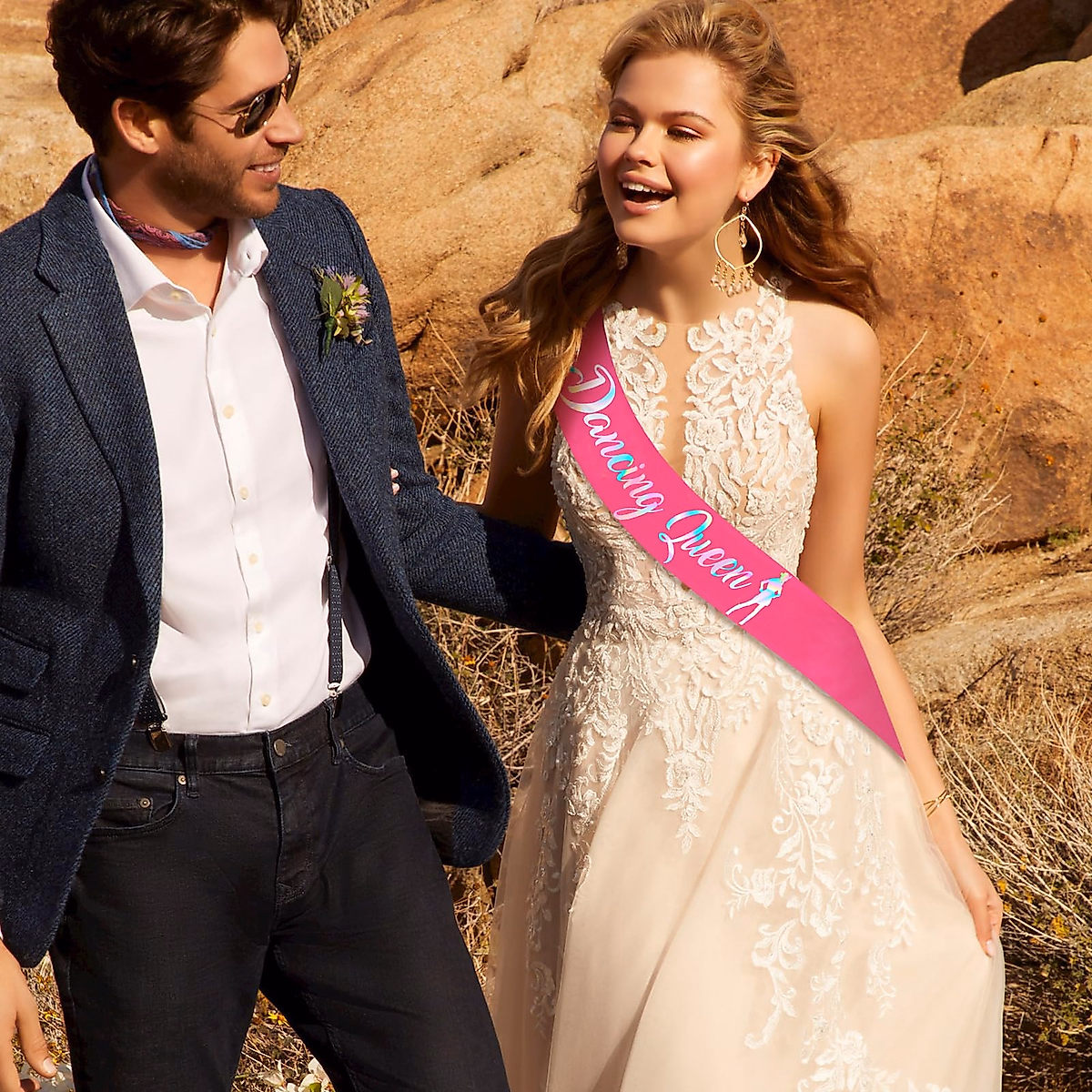 Dancing Queen Sash with Iridescent Foil, Hot Pink Disco Bachelorette Party Sash for Bridal Shower, Birthday Sash for Girls Women, Mamma Mia Party Sash Decorations(Hot Pink + Iridescent)