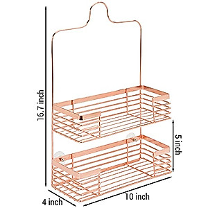 MyGift Modern Copper Metal 2 Tier Bathroom Hanging Shower Organizer, Over Head Shower Caddy Basket, Bathroom Accessories Organizer Storage Rack with Wall Suction Cups