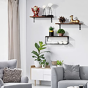 Floating Shelf ,Floating Shelves Wall Mounted Set of 3 ,Solid Wood Floating Shelves with Brackets and Basket Set,Rustic Wood Wall Shelves for Kitchen Living Room,Bedroom Shelves,Bathroom Shelf (Black)