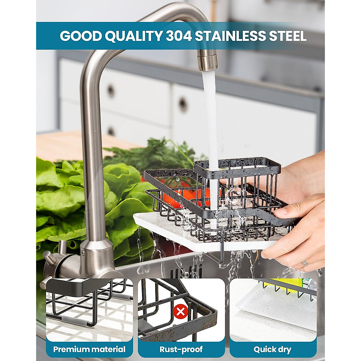 OHOBABY Sponge Holder for Kitchen Sink, Sink Caddy with Removable Drip Tray, Rustproof Stainless Steel Kitchen Sink Organizer with Dish Brush Holder for Countertop, Black (8.26'' X 5.51'' X 4.33'')