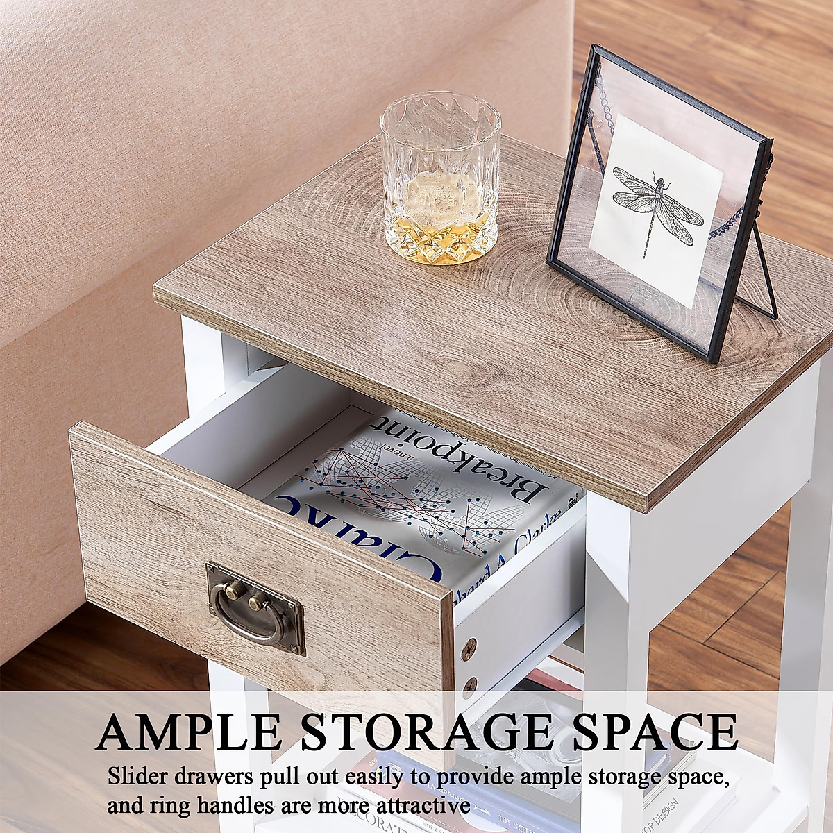 VECELO Nightstands Set of 2, Side End Table with Drawers for Bedroom, Living Room Sofa Bedside, Vintage Accent Furniture Small Space Storage Cabinet, Solid Wood Legs