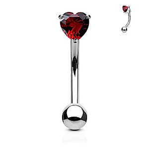 FIFTH CUE 16G 3mm Heart CZ Prong Set 316L Surgical Steel Eyebrow Curved Barbell Ring (Red)