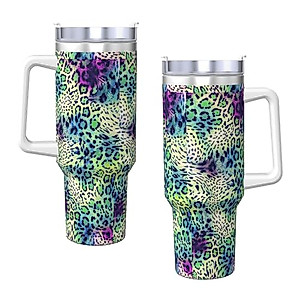 HULIBIN Green Leopard Print Double Deck Stainless Steel Travel Coffee Cup With Lid 40 Oz Ice Bully Cup