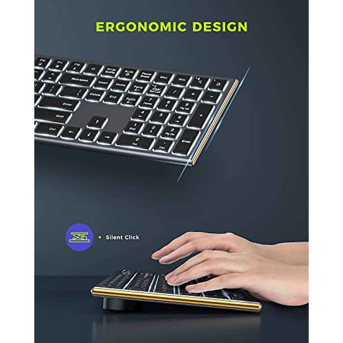 seenda Backlit Wireless Keyboard, 2.4GHz Ultra Slim Rechargeable Keyboard, Illuminated Wireless Keyboard for Computer, Laptop, Desktop, PC, Surface, Smart TV, Windows 10/8/7 (Black and Grey)