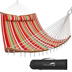 EAGLE PEAK 11 FT Double Hammock Quilted Fabric Hammock with Bamboo Wood Spreader Bars & Detachable Pillow, 2 Person Portable Hammock for Outdoor Patio Yard, 440 Pound Capacity, Red Stripe