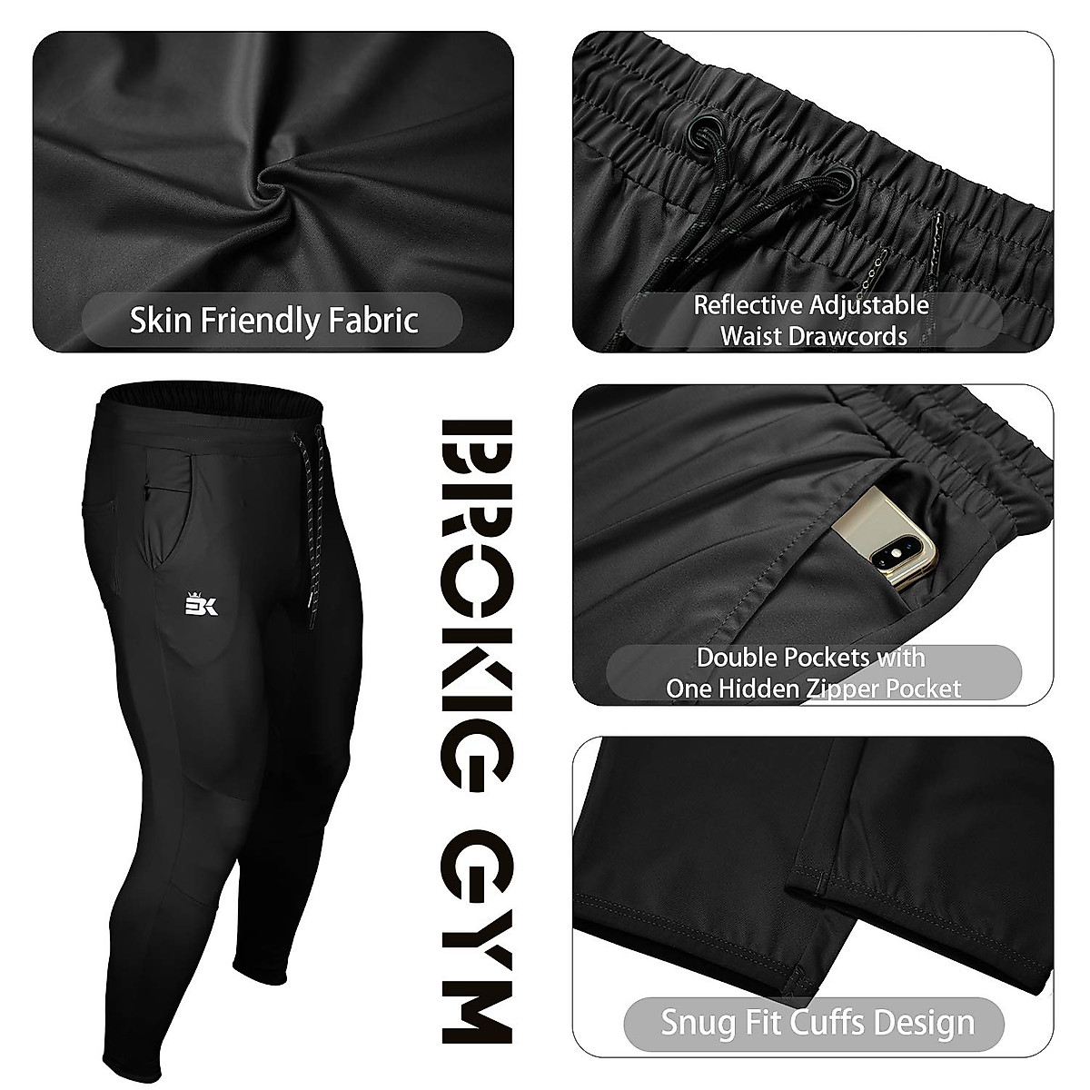 BROKIG Mens Lightweight Gym Jogger Pants,Men's Workout Sweatpants with Zip Pocket(Black,Small)
