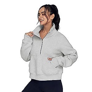 AUTOMET Womens Cropped Sweatshirts Quarter Zip Pullover Half Zipper Oversized Hoodies 2023 Fall Fashion Outfits Clothes Thumb Hole Grey