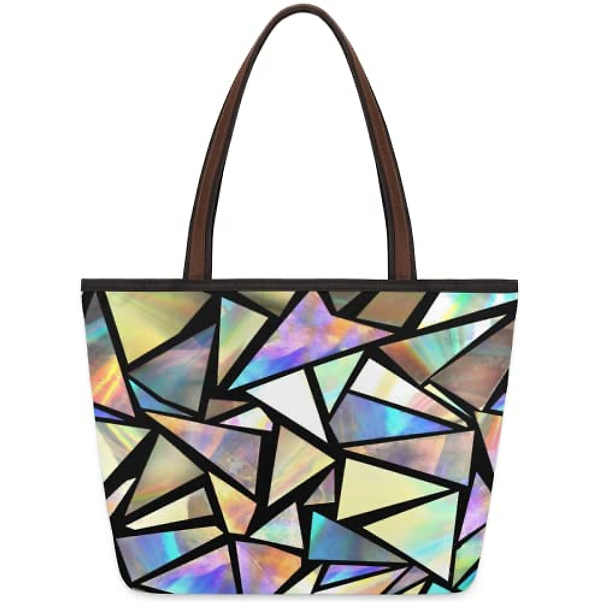 Geometric Colorful Large Totes Top Handle Purse Women Shoulder Bag, Modern Geometrical Tote Bag with Zipper Handbag for Travel School Girls