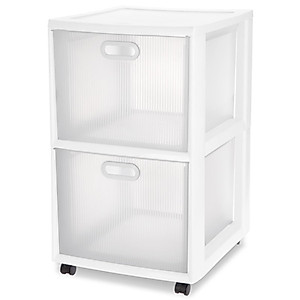 Sterilite Ultra 2 Drawer Filing Storage Cart, Plastic Rolling Cart with Wheels to Organize Desk, Office, White with Textured Clear Drawers, 4-Pack