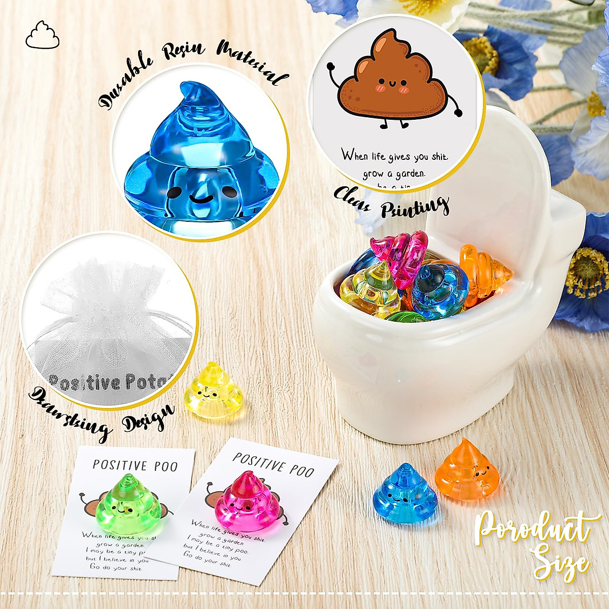 Huwena 60 Sets Inspirational Poop Bulk Emotional Favors Resin Cute Realistic Poop with Funny Card Organza Bag Positive Gift for Christmas Coworker Staff Students Teacher