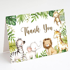 Jungle Safari Thank You Cards With Envelopes, 50 Jungle Animals Baby Shower Thank You Notes, 4 x 6 Thank You Cards Safari Baby Shower & Wild One Birthday Party