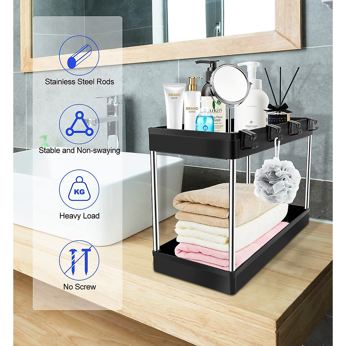 Piashow Under Sink Organizer, 2-Tier Under Sink Storage Organizer, Bath Collection Basket with 4 Hooks, Multi-purpose Bathroom Standing Rack, Storage Shelf for Kitchen (Black)
